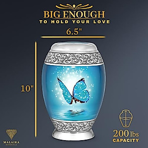 Malaika Memorials Blue Butterfly Urn - Adult Cremation Urn for Human Ashes Women/Men - Cremation Urns for Ashes Adult Female/Male - Funeral Urns for Mother, Dad or Other Loved One up to 200 lbs
