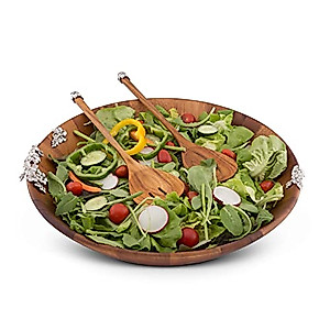 Vagabond House Wood Salad Bowl and Servers Lilacs Pattern 16 inch Diameter 4.5 inch Tall
