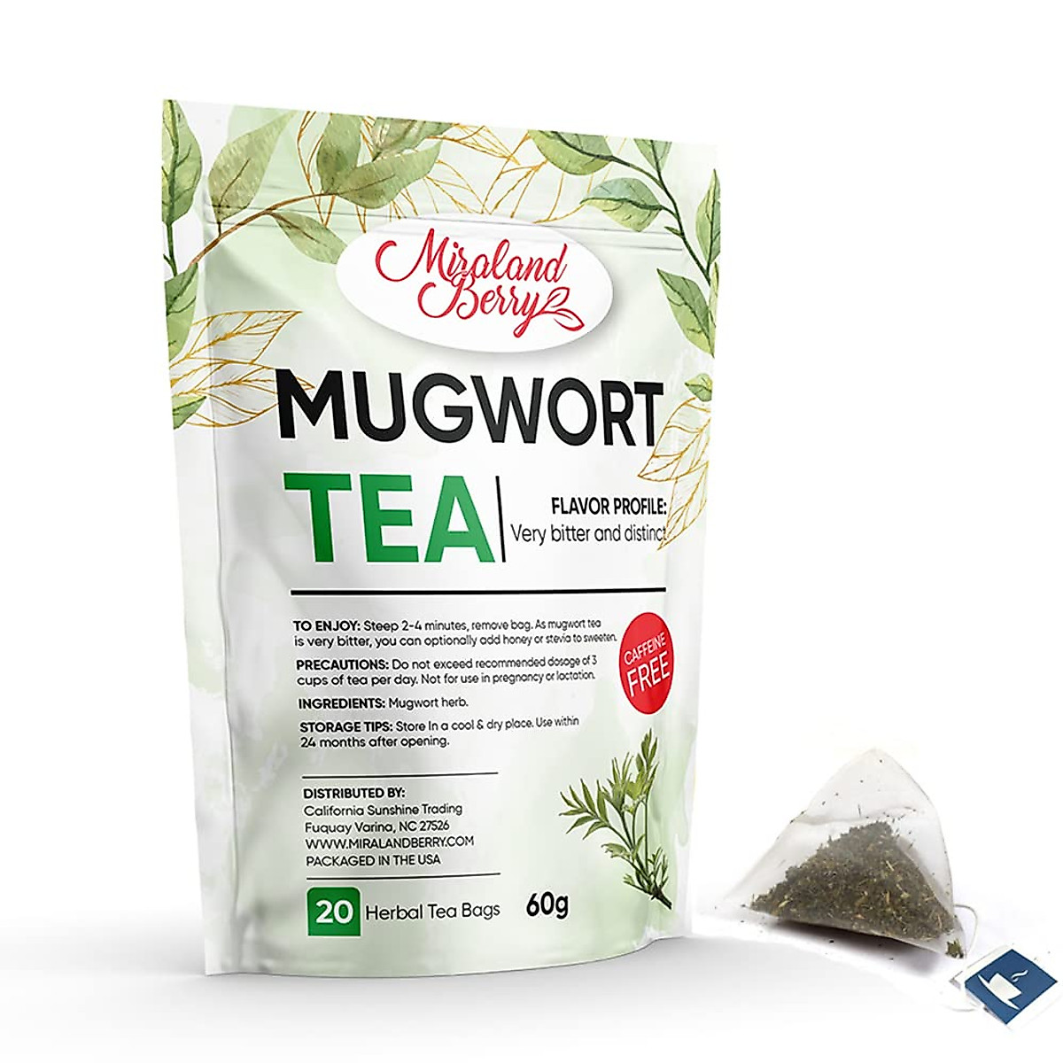 MiralandBerry Dried Mugwort Tea, 20 Individually Wrapped Sachets, Hand Picked Tea Leaves