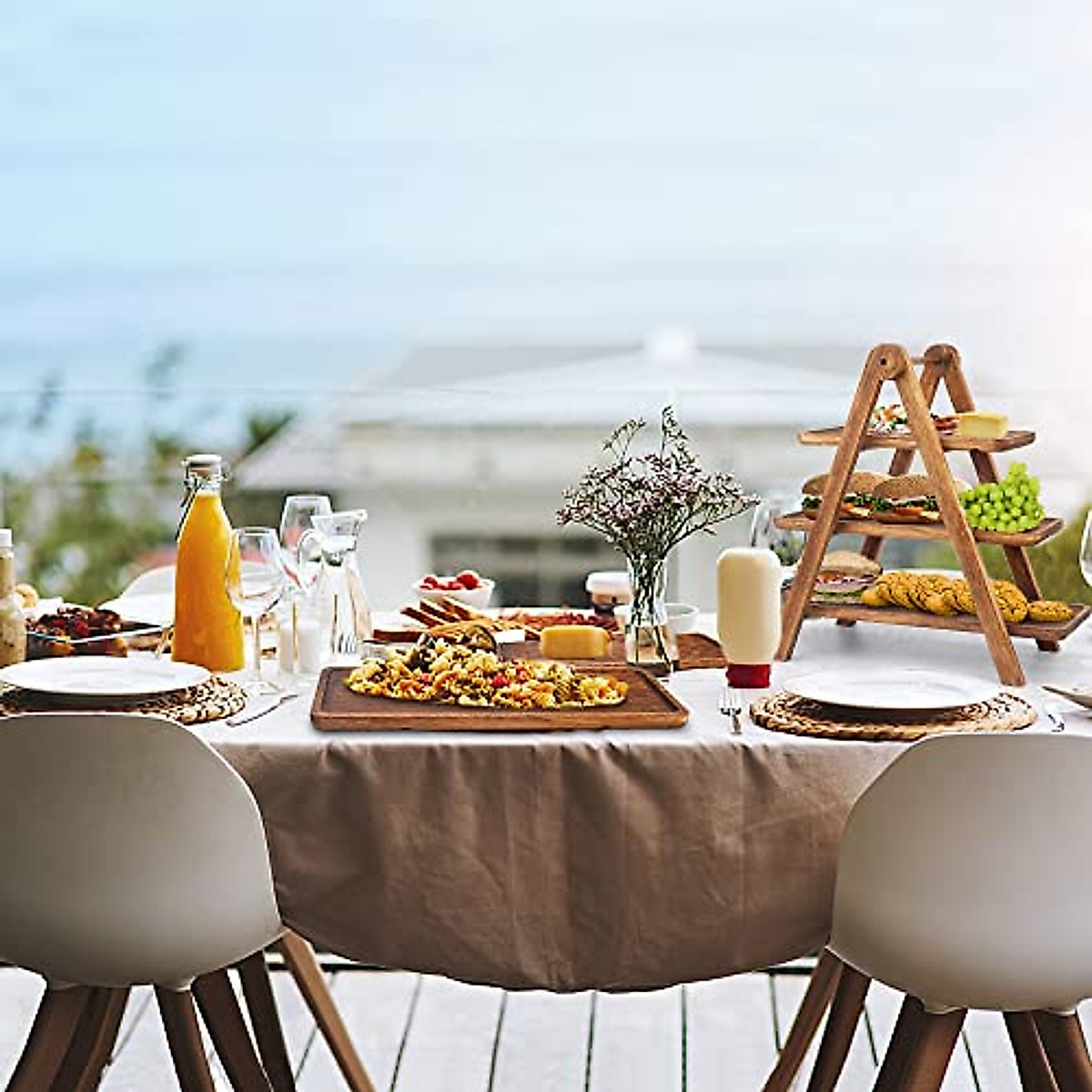 Manspdier Wood 3 Tier Serving Tray Three Tiered Cupcake Stand, Rectangle Serving Platter Wooden Farmhouse Tiered Tray, Party Serving Brown Decorative Tray Tray Decor