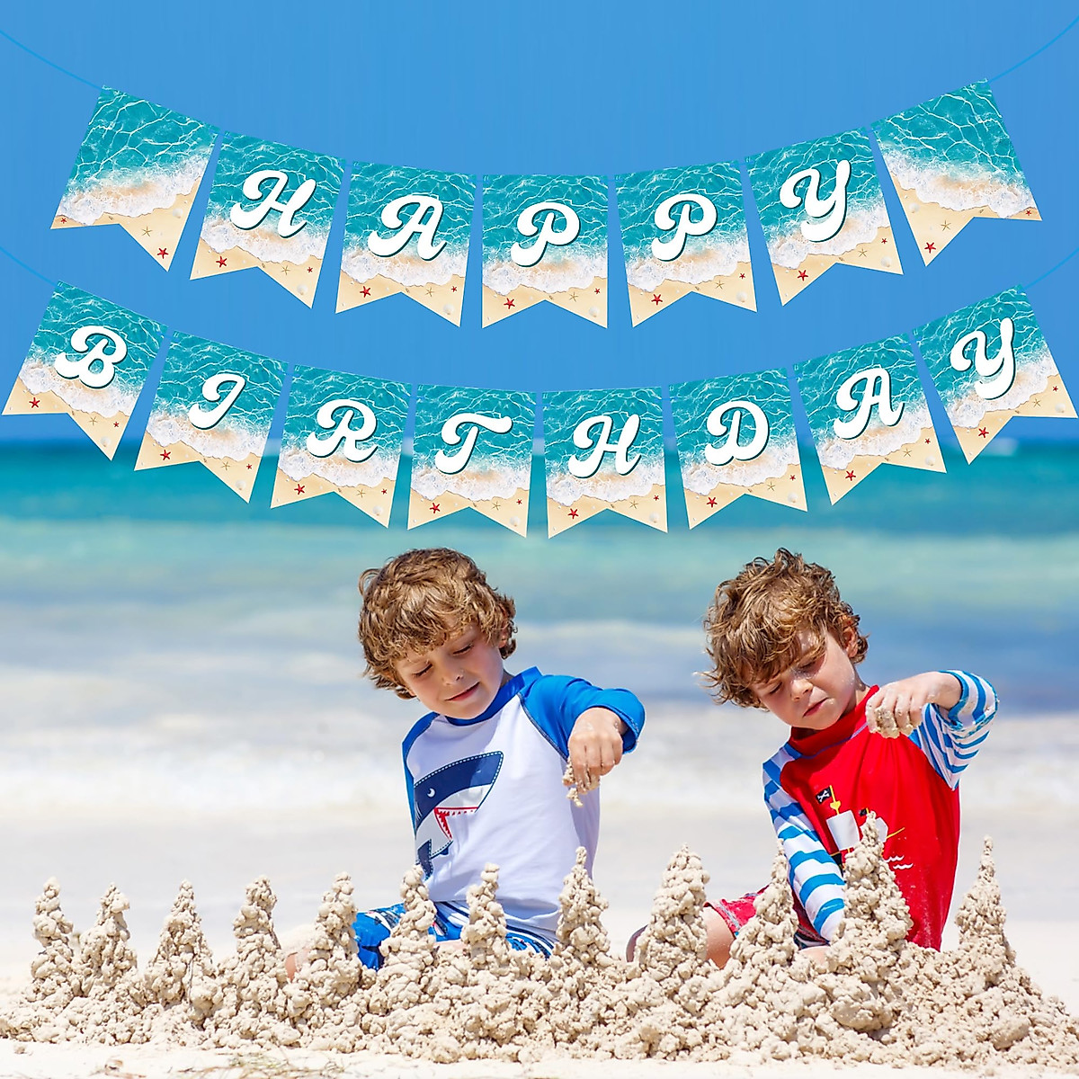 Beach Birthday Banner Garland Decorations for Hawaiian Aloha Luau Beach Pool Barbecue Party Beach Ball Happy Birthday Party Favor Supplies