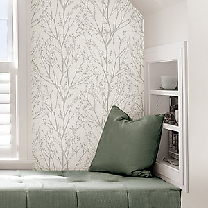 NuWallpaper NU2394 Treetops Peel Stick Wallpaper, White & Off-White