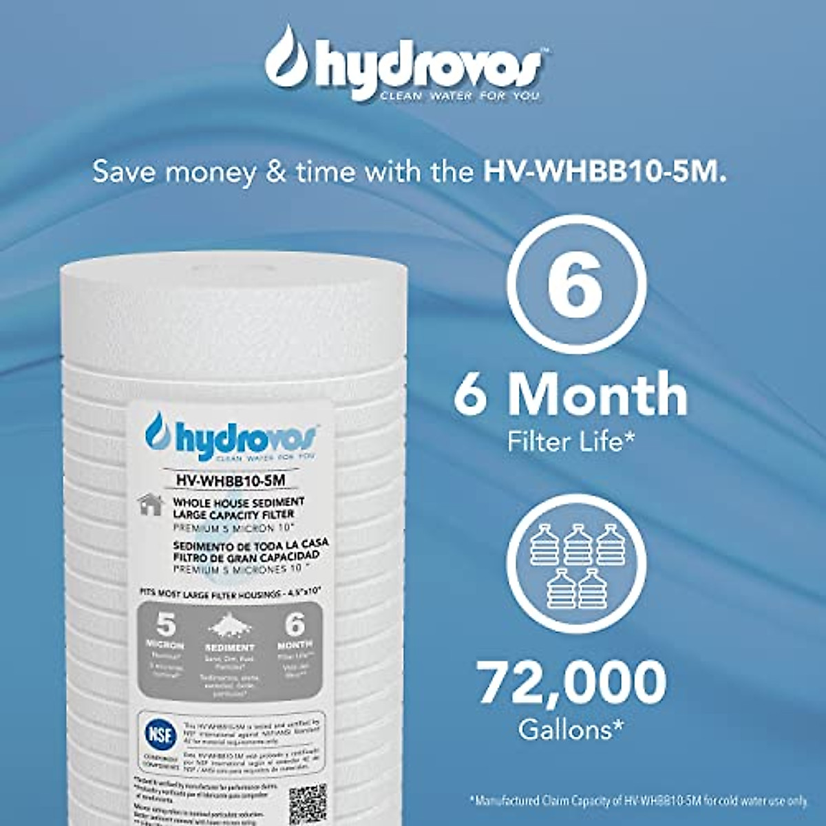 HYDROVOS 4.5 x 10 Inch Large Capacity Whole House Water Filter, NSF 42 Certified 5 Micron Sediment Filtration, Compatible with Whirlpool WHKF-GD25BB Aqua-Pure AP810, AP801 GE GXWH30C GXWH35F GWWH40