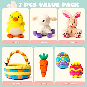 JOYIN 7 Pcs Easter Basket Plushies playset Easter Basket Stuffers Toys for Easter Party Favors Plush Easter Basket for Kids of All Ages