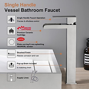 KENES Tall Bathroom Vessel Sink Faucet, Brushed Nickel Tall Waterfall Bathroom Faucet, Single Handle Waterfall Bathroom Faucet Lavatory Vanity Faucet with Pop Up Drain & Water Supply Hoses LJ-9035A
