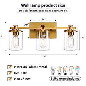 yenlacy 3 Light Bathroom Vanity Light Fixtures, Modern Gold Vanity Lights Over Mirror, Vintage Wall Sconce with Clear Glass Shade, Brushed Gold Vanity Lights for Bathroom