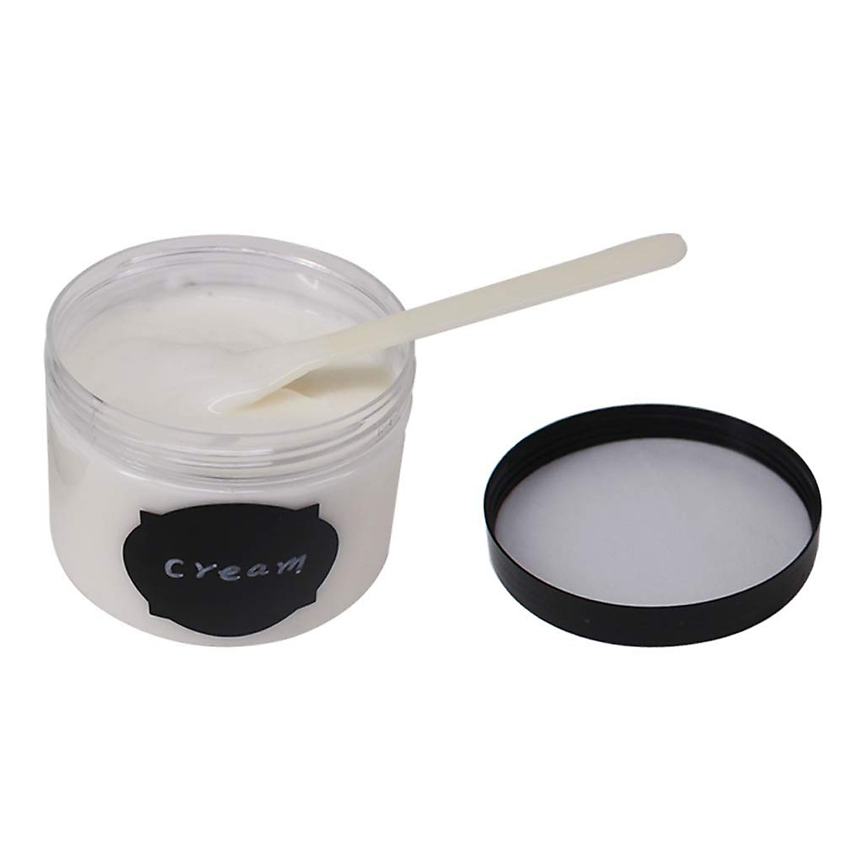 zmybcpack 12 Pack 8 OZ Clear Plastic Jars With Black Lids, A Spatula, A Pen & Labels - BPA Free PET Container for Cosmetics, Cream, Bathroom, Kitchen & Travel Plastic Slime Storage Jars