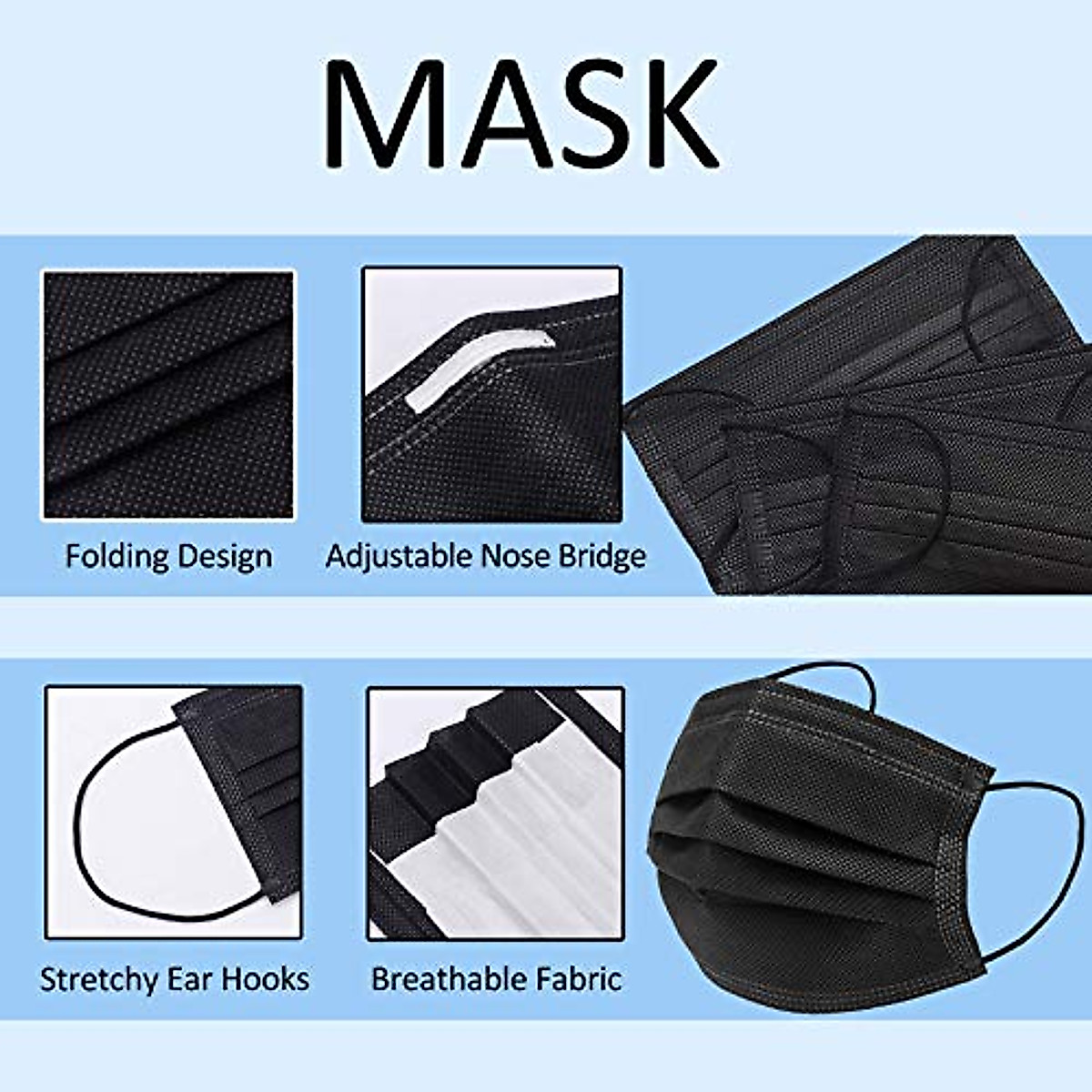 Pack of 50 Disposable Face Mask 3-Ply Breathable & Comfortable Safety Mask, Protective Masks for Indoor and Outdoor - Individually Wrapped (Black Mask)