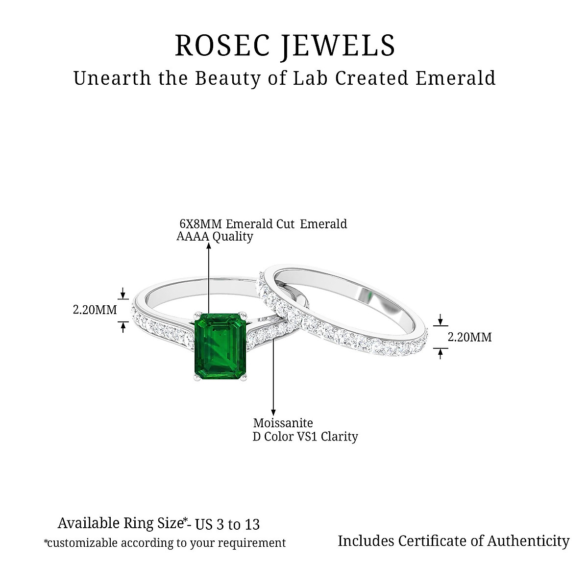 Rosec Jewels Lab Created Emerald Solitaire Ring Set of 2 (6X8 MM Emerald Cut) - Wedding Engagement Ring Set for Women | AAAA Quality, 14K White Gold, Size:US 5.50