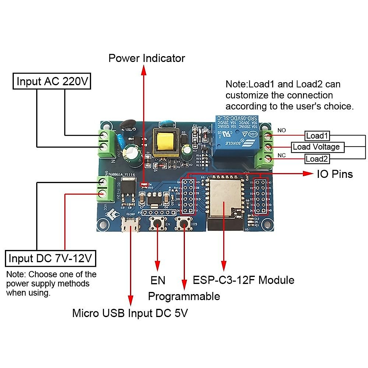 ESP32-C3 Single-Channel Wireless Fidelity Relay Switch Development Board ESP-C3-12F Remote Switch Control Module Supporting AC 90V-250V & DC 7V-12V Power Supply 4M Byte Flash