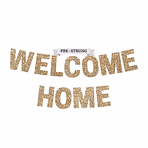 Pre-Strung Welcome Home Banner - NO DIY - Gold Glitter Welcome Home Banner - Pre-Strung on 8 ft Strand - Housewarming, Homecoming, & Military Return Party Decorations & Decor. Did we mention no DIY?