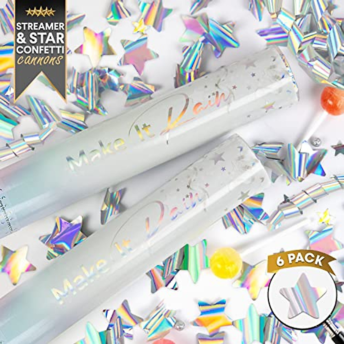 Confetti Cannon - 6 Pack Holographic Silver Party Poppers Confetti Shooters | 2x Streamer Poppers and 4x Star Confetti Poppers Bulk | Confetti Bomb Party Poppers for Celebrations | Confetti Gun for Birthday, Graduation, New Years Eve, Wedding, Photo Shoot