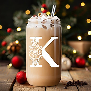 Coolife Initial Glass Cup, Monogrammed Gifts for Women, 16 oz Glass Cups w/Lids Straws, Iced Coffee, Smoothie, Beer Glass Tumbler w/Straw Lid - Personalized Christmas, Birthday Gifts for Her Mom