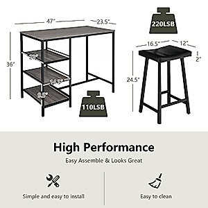 COSTWAY 3 Pieces Dining Table Set, Counter Height Pub Table Set with 2 Upholstered Bar Stools and 3 Shelves, Industrial Kitchen Table Set for Living Room, Restaurant