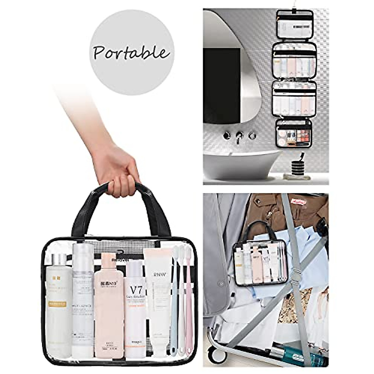 Hanging Toiletry Bag, Clear Travel Toiletry Bag with Detachable TSA Approved Clear Bag Airline 3-1-1 On Compliant Bag Large Makeup Bag for Men and Women (Black)