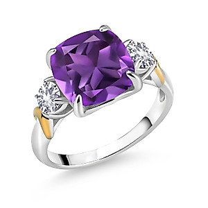925 Silver and 10K Yellow Gold Purple Amethyst and White Created Sapphire 3 Stone Ring For Women (3.50 Cttw, Gemstone February Birthstone, Cushion 10MM, Round 4MM, Available In Size 5, 6, 7, 8, 9)