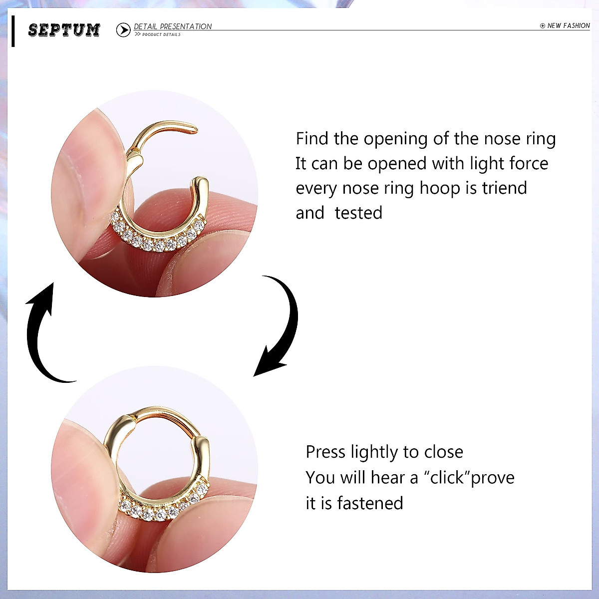 Drperfect 9PCS 16G Septum Rings Opal Daith Earrings Hoop Nose Rings 316L Stainless Steel CZ Cartilage Helix Tragus Earrings Septum Clicker Piercing Jewerly Gold Tone 8MM
