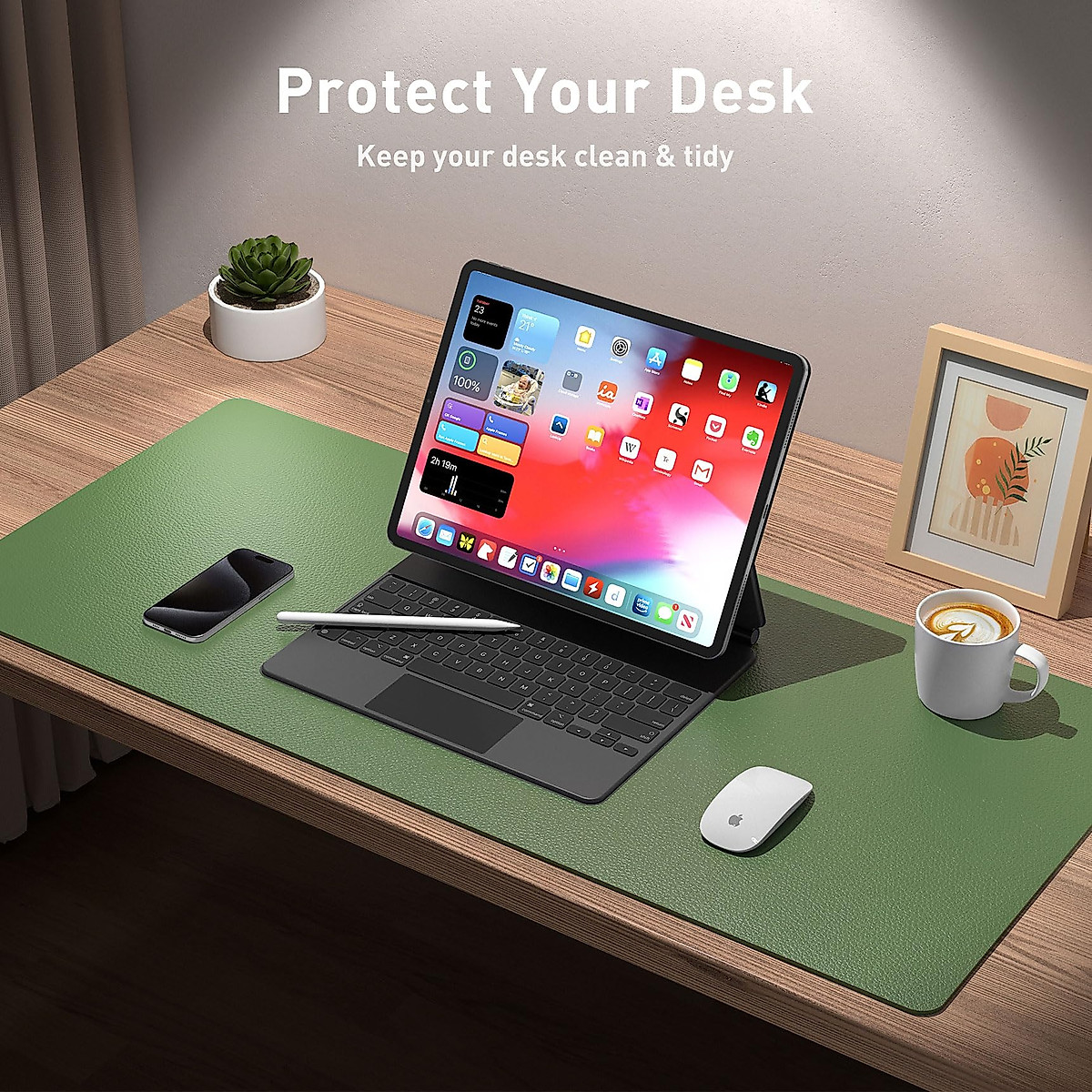 Aothia Leather Desk Pad Protector, Mouse Pad, Office Desk Mat, Non-Slip PU Leather Desk Blotter, Laptop Desk Pad, Waterproof Desk Writing Pad for Office and Home (31.5" x 15.7",Olive Green)