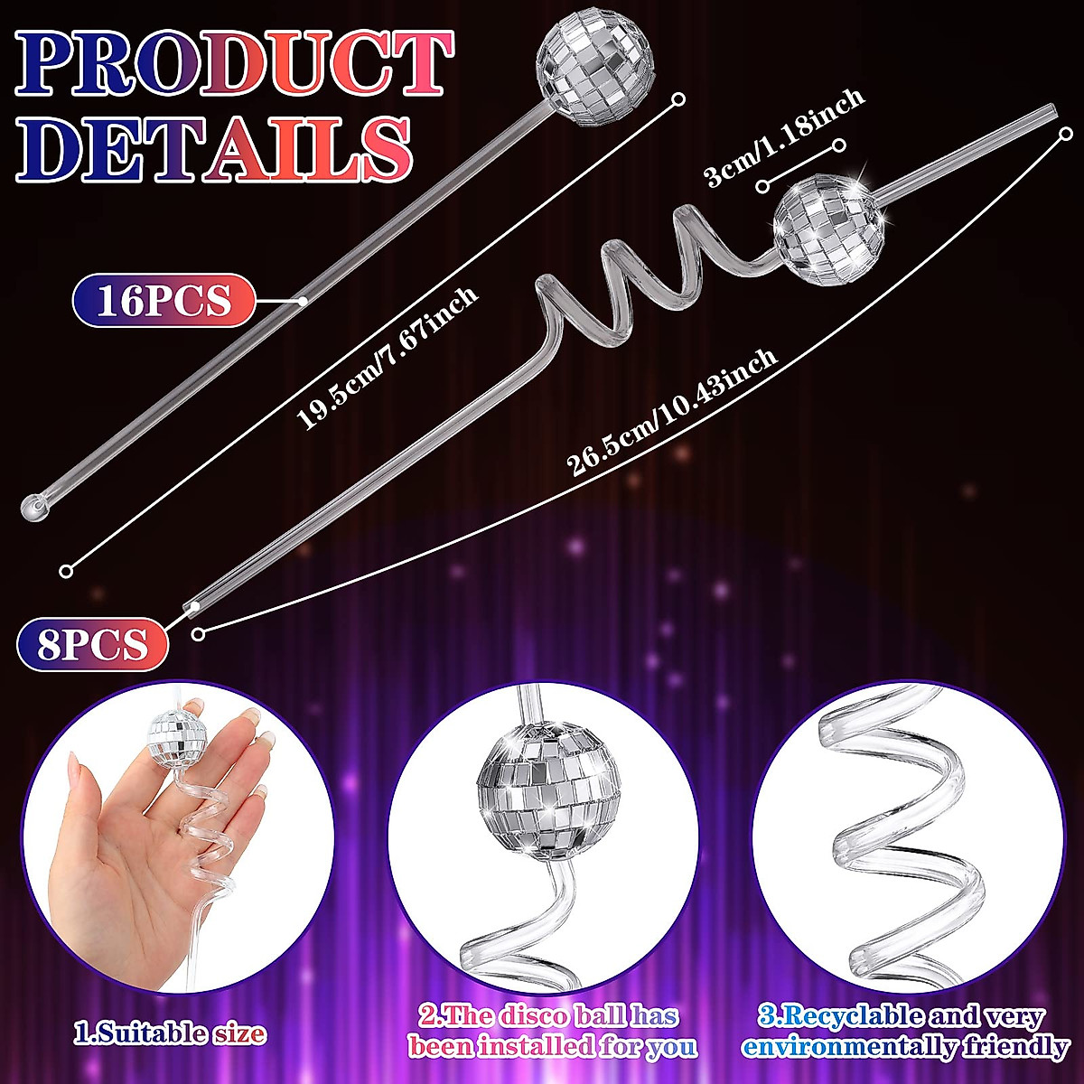 Ferraycle 24 Pcs Disco Ball Straws and Disco Ball Stirrers 70s Disco Party Supplies Mirror Disco Decorative Straws for Disco Ball Party Decorations Bar Karaoke Birthday Wedding Christmas Decoration