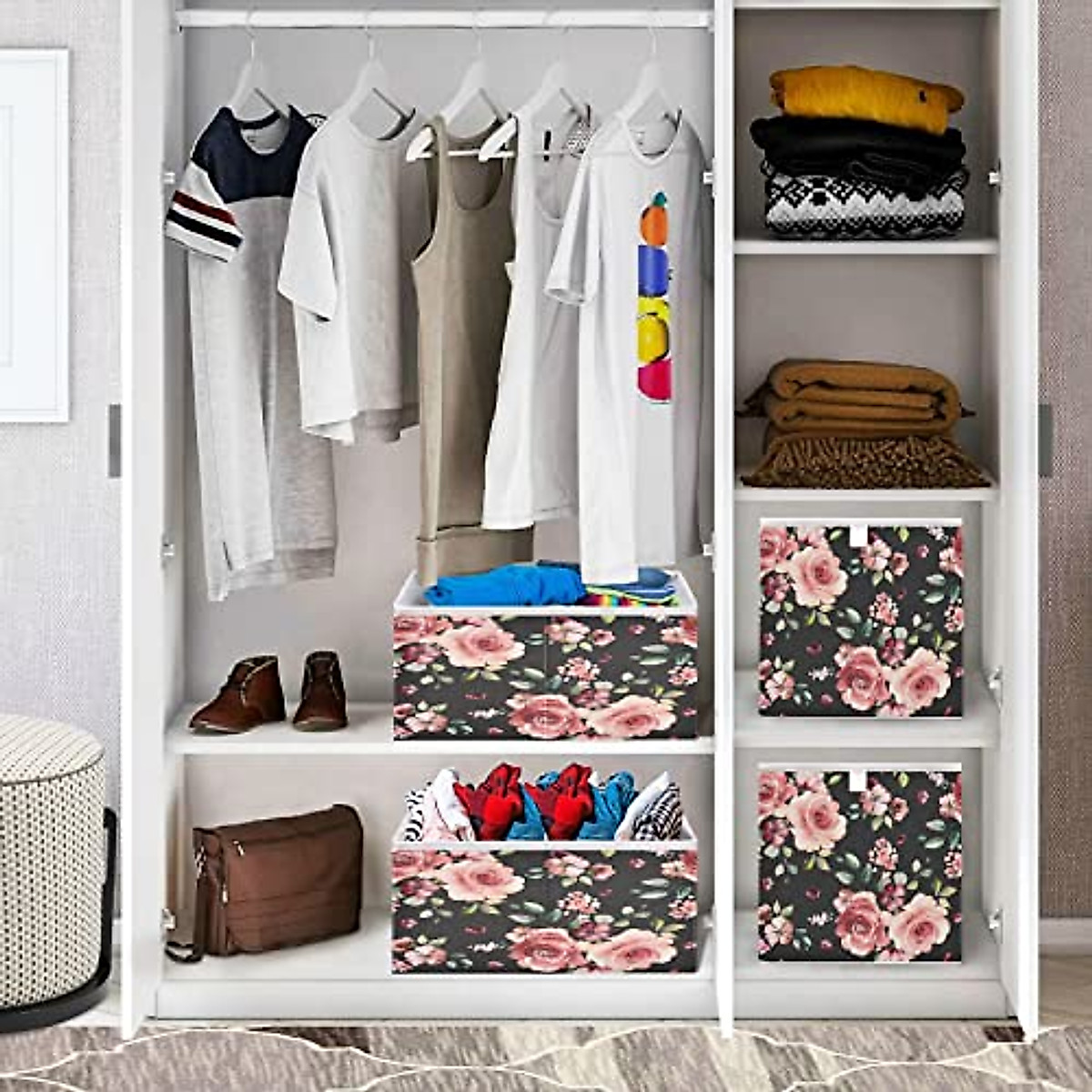 ALAZA Collapsible Storage Cubes Organizer,Rose Flowers Floral Black Storage Containers Closet Shelf Organizer with Handles for Home Office
