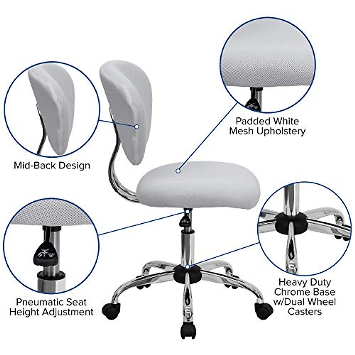Flash Furniture Beverly Mid-Back White Mesh Padded Swivel Task Office Chair with Chrome Base