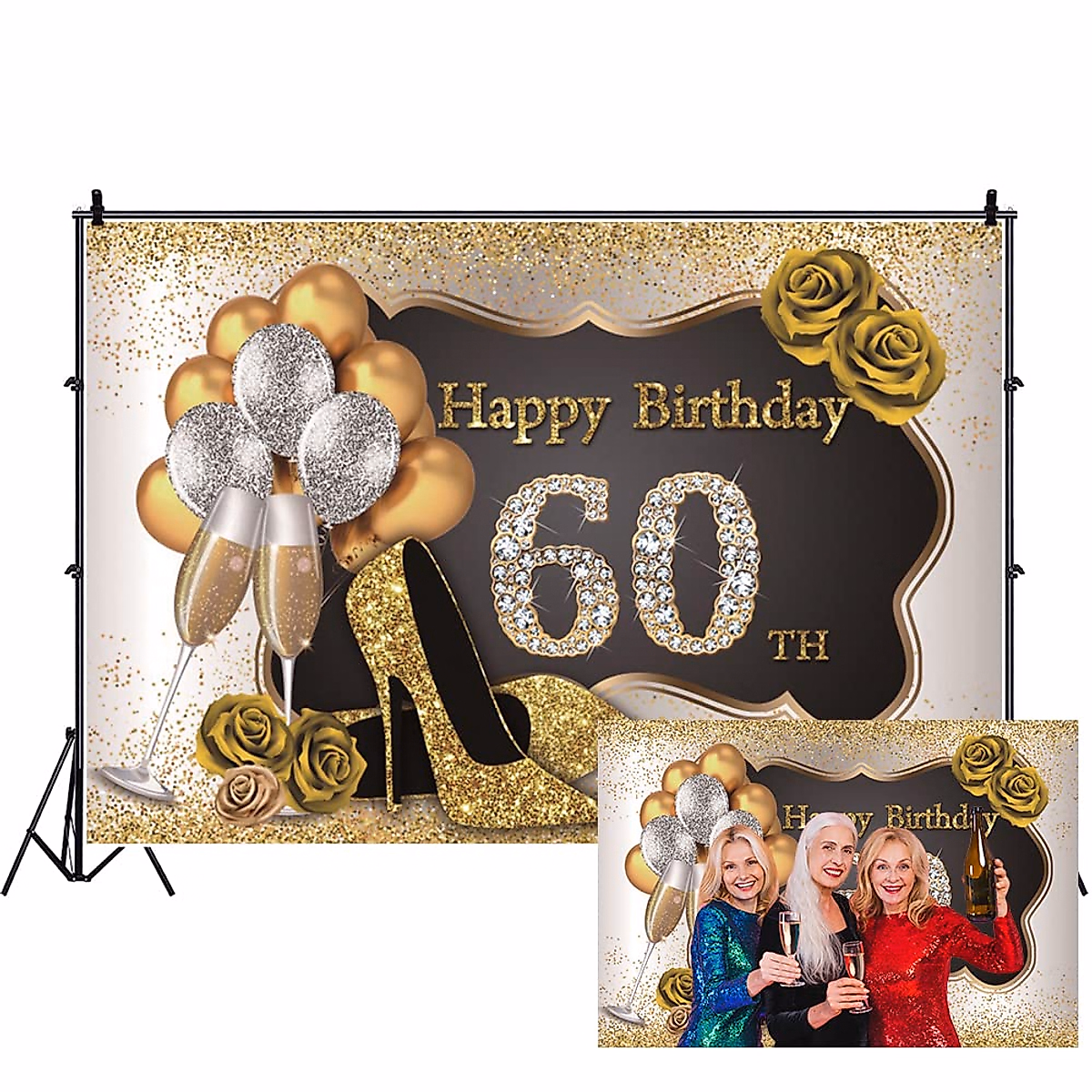 DORCEV 10x8ft Photography Backdrop for Woman Happy 60th Birthday Party Decor Luxury Gold Black Backdrop Banner Glitters Heels Roses Balloons Photo Background Mother Grandma Birthday Party Props
