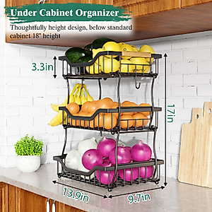 OKZEST 3-Tier Fruit Basket for Kitchen Counter with Banana Hangers, Wall Hanging Fruit Basket and Countertop Organizer Fruit Bowl, Fruit Storage Holder Stand for Potato Onion Snack Bread Fruit Veggie