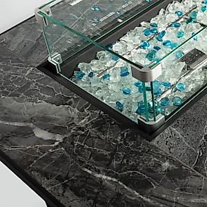 Senjoys 44in Outdoor Propane Gas Fire Pit Table, 50,000 BTU Auto-Ignition Gas Firepit with Glass Wind Guard, Marble Tile Tabletop, Mixed Color Glass Rocks, Brown PE Rattan