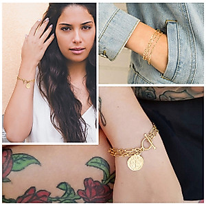 PEARLADA 3-Row 18K Gold Chain Bracelet Dainty Cross Medallion Charm Bracelet OT Toggle Bangle Handmade Stacking Layering Jewelry Fashion Long and Short Oval Link Bracelet for Her