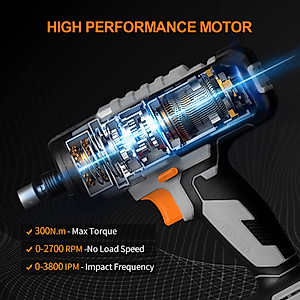 WORKSITE Cordless Impact Driver Kit, 2655 In-lbs (300N.m) Max Torque, 1/4" Hex Impact Drill, Variable Speed, 2.0A Battery & 1 Hour Fast Charger, 26 Pieces Impact Driver Bits and Tool Bag