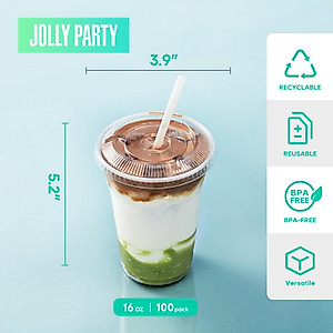 JOLLY PARTY 100Pack 16 oz Clear Plastic Cups With Flat Lids, Disposable Clear Cups with Straw Slot Lids, Crystal Clear Disposable Drinking Cups for Juice Ice Cream Milkshake Iced Coffee Cold Drink