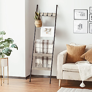 ELYKEN Blanket Ladder for Living Room, Farmhouse 5 -Tier Quilt Holder with 4 Removable Hooks for Bathroom, Wood Towel Rack Display, Wall Anchor Leaning Decorative Stand for Home Decor, White Oak