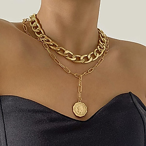 JWICOS Gold Boho Cuban Chunky Necklace Layered Dainty Paperclip with Coin Pendant Choker Chain for Women and Girls (Gold)