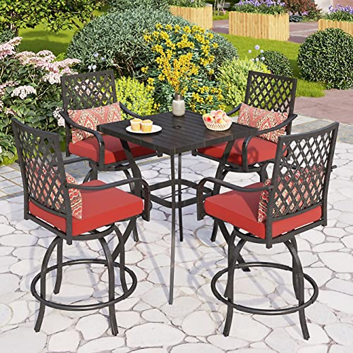 PHI VILLA Patio Bar Set, 5 pcs Outdoor Metal Bar Set with 4 Swivel Cushioned Stools & 31" Square Patio Bar Table with Umbrella Hole, Outdoor Furniture Set for Patios Backyard, Porches or Garden