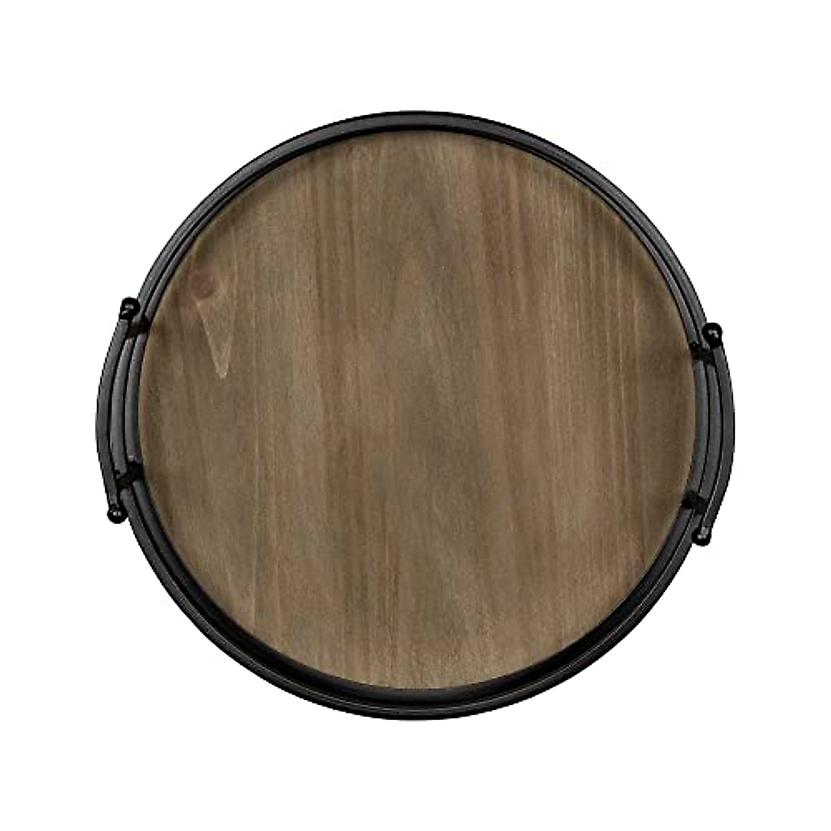 Stratton Home Decor Metal and Wood Tray - Farmhouse Round Tabletop Tray for Table Decoration - Rustic Ornament for Coffee Tables, Credenza, Countertop - Black Handles, Matt Surface - Housewarming Gift