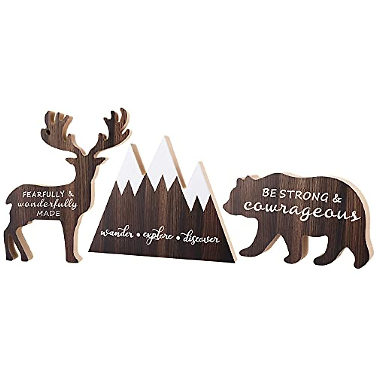 3 Sets Wooden Mountain Decor Woodland Inspirational Quote Wooden Sign Wander Explore Discover Neutral Nursery Table Decor Centerpiece Wooden Mountain Deer Bear Decor for Baby Girl Boy Room Decor