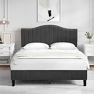 VECELO Queen Size Bed Frame Upholstered Platform Beds with Height Adjustable Teddy Fabric Headboard, Strong Wood Slats, 7.9'' Under Bed Space, Noise-Free, No Box Spring Needed, Black