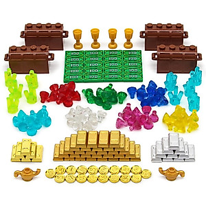 Feleph Treasure Accessories Money Building Blocks Set Jewel Chest, Gems Diamonds, Bullion Gold Tile Silver Bar, Power Crystals, Coins, Goblet, 100 Dollar Bill Cash Toy Brick