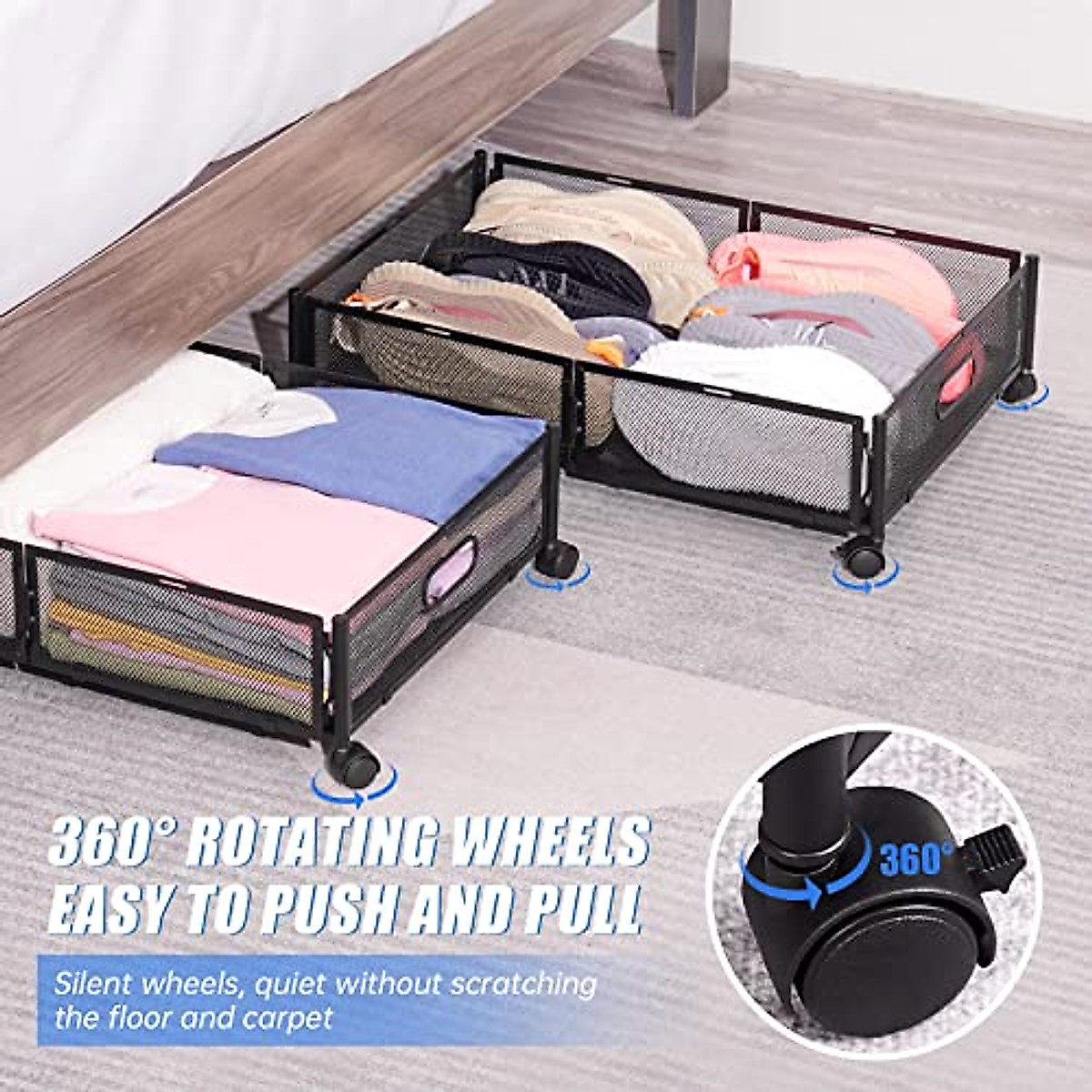 NiHome Under Bed Storage Containers with Wheels, Foldable Metal Under Bed Shoe Storage Drawers Cart, Tool Free Assembly Rolling Under Bed Storage Organizer for Toys Clothes Book Blanket, Black, 2PCK