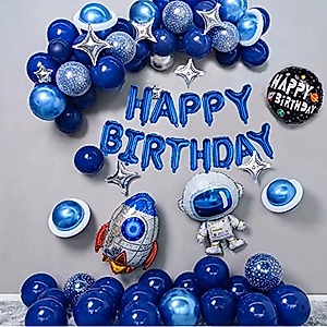 Blue Outer Space Balloon Garland Kit, Aerospace Theme Party Decorations With Rocket Astronaut Balloons and Metallic Silver and Metallic Blue Happy Birthday Decoration