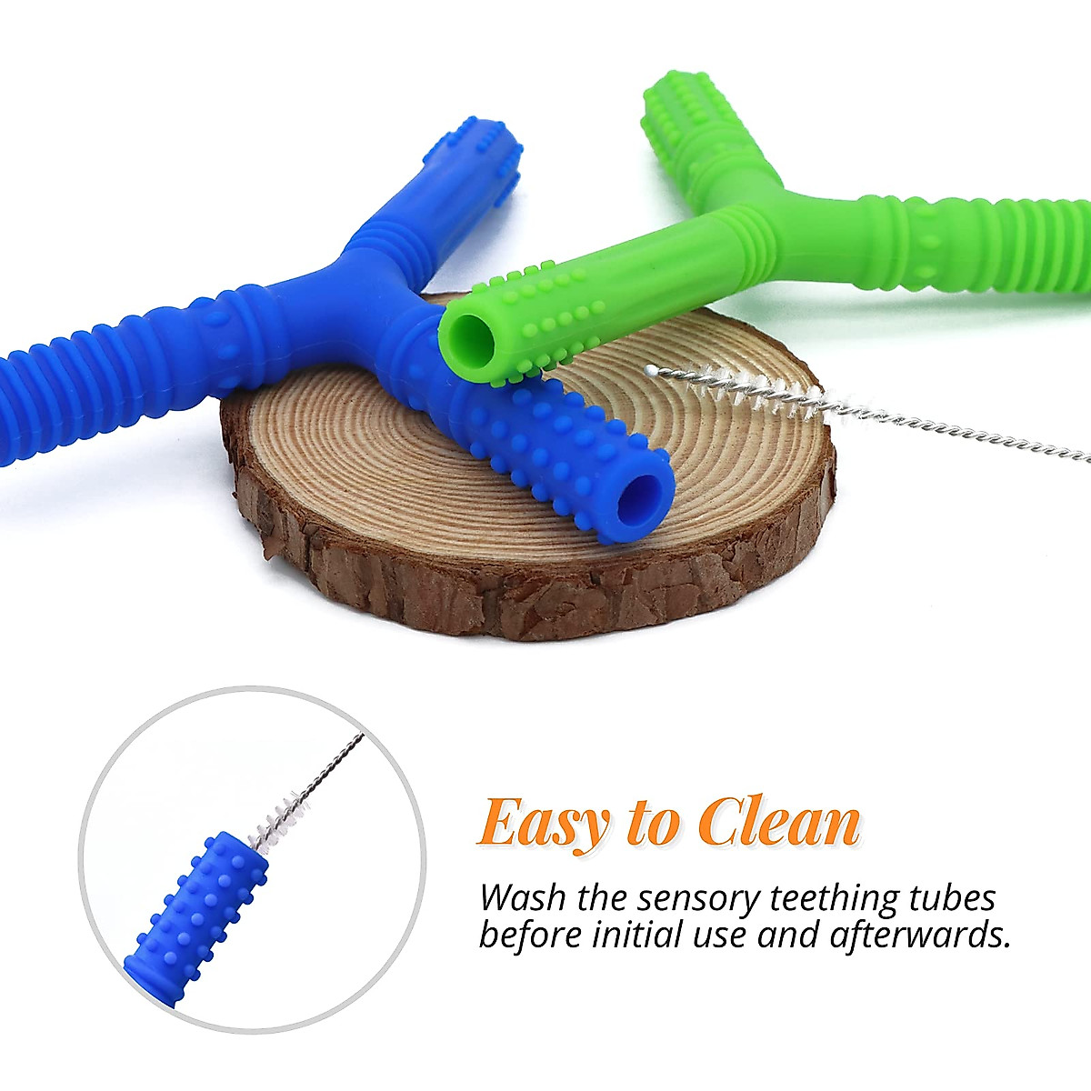 2 Pack Sensory Chew Hollow Teething Tubes, Y Style Teether Toys for Babies 3+ Months, Silicone Teether Tubes for Autistic Chewers, ADHD, Baby Nursing or Special Needs (Blue, Green)