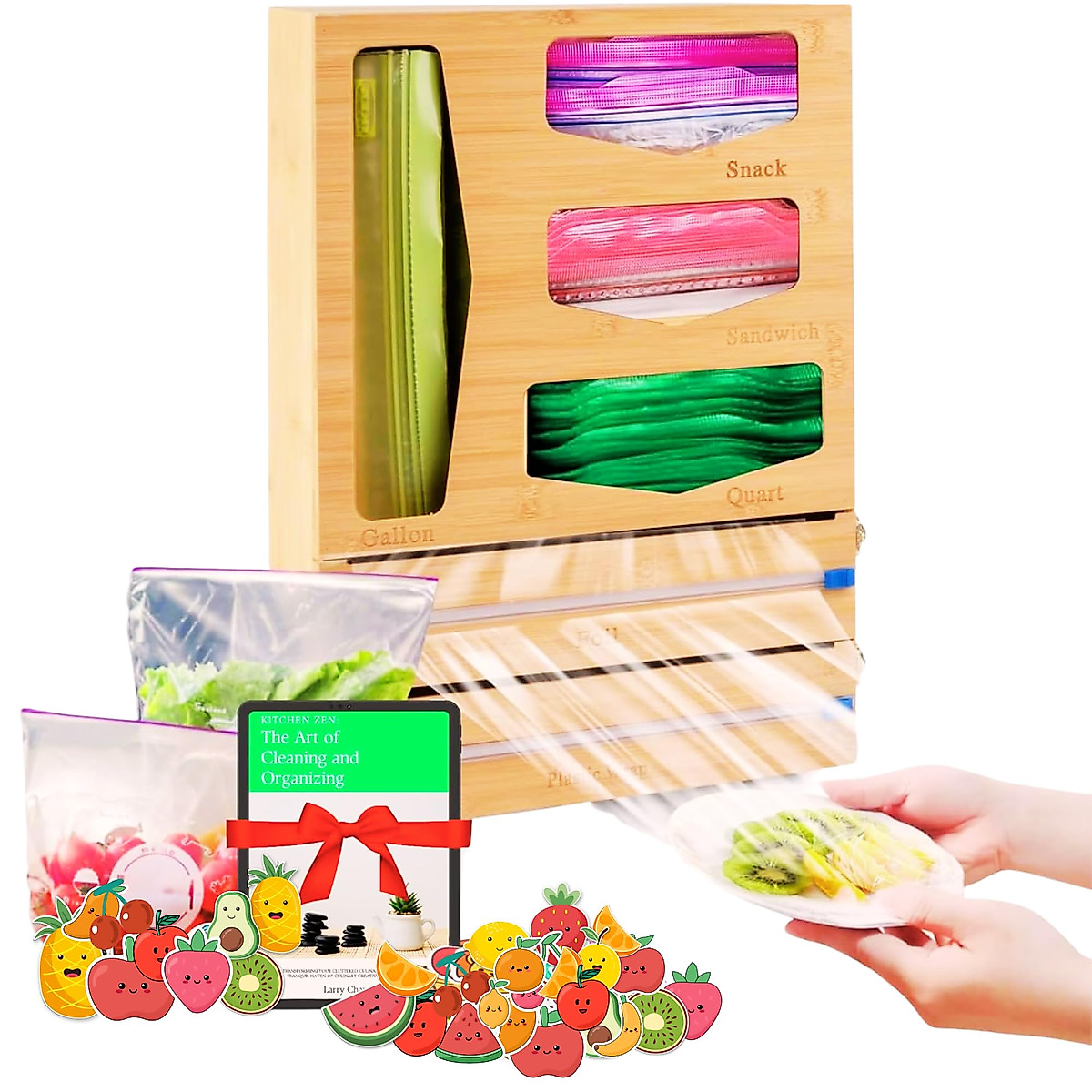 Ziplock Bag Organizer for Kitchen Drawer - 6 in 1 Wrap Dispenser with Cutter, Compatible with Gallon, Quart, Sandwich, Aluminum Foil, Plastic Wrap and Snack Foil and Baggie Storage Rack