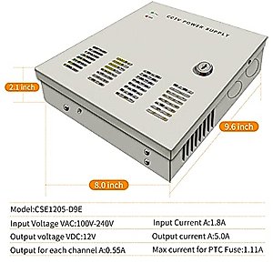 WEILAILIFE CCTV Power Supply Box, 9 Channel 12V 5A DC Distributed Power Supply Box, AC Plug Cord & Key Lock, Output AC to DC for Security Camera System, DVRs, IP Cameras, CCTV Cameras