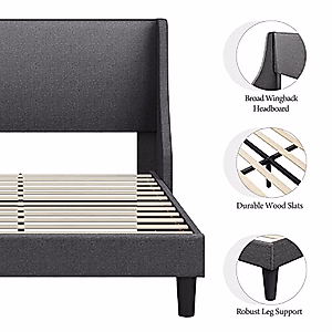 Yaheetech Queen Size Upholstered Bed Frame with 2 USB Charging Stations/Port for Type A & Type C/Linen Fabric Curved Headboard, Mattress Foundation, Strong Wooden Slats Support, Dark Grey