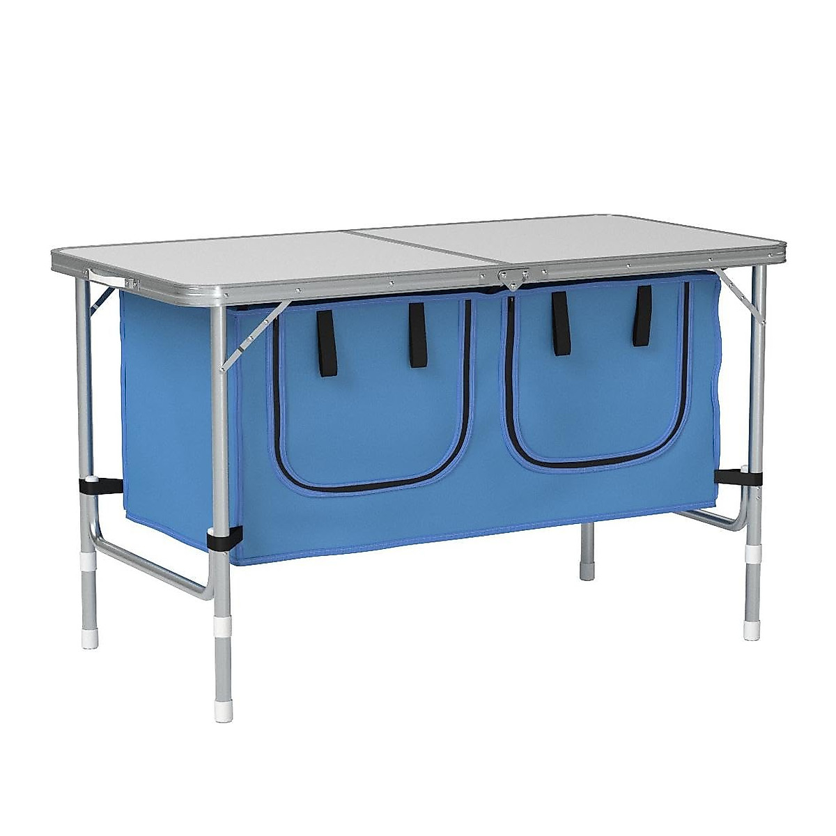 Goplus Folding Camping Table with Storage, Aluminum Outdoor Camp Table with 2-Level Adjustable Height, Lightweight Portable Foldable Picnic Table for Tailgating Beach BBQ Party RV