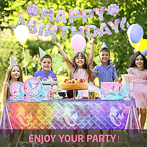 146Pcs Mermaid Plates and Napkins Mermaid Party Supplies Includes Plates, Napkin, Fork, Cup, Straw, Tablecloth, Banner for Baby Shower Ocean Birthday Party Decorations, Serves 24 (Mermaid)