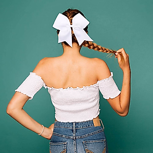 Oaoleer 8inch Jumbo Large Cheer Bows Ponytail Holder Elastic Band Handmade Boutique Hair Accessories for Cheerleading Teen Girls College Women Sports (1PCS, White)