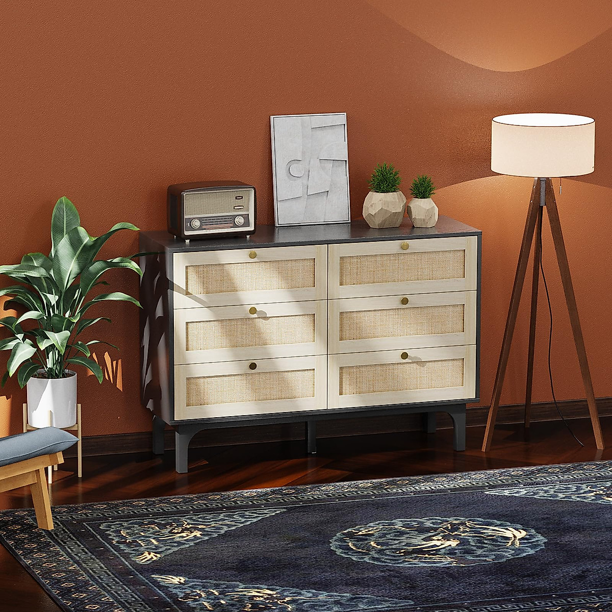 VINGLI Rattan Dresser Mid Century Modern Dresser 6 Drawers, 47.2" (W) x 15.7" (D) x 33.5" (H) Boho Bedroom Furniture Black Wicker Dresser Bohemian