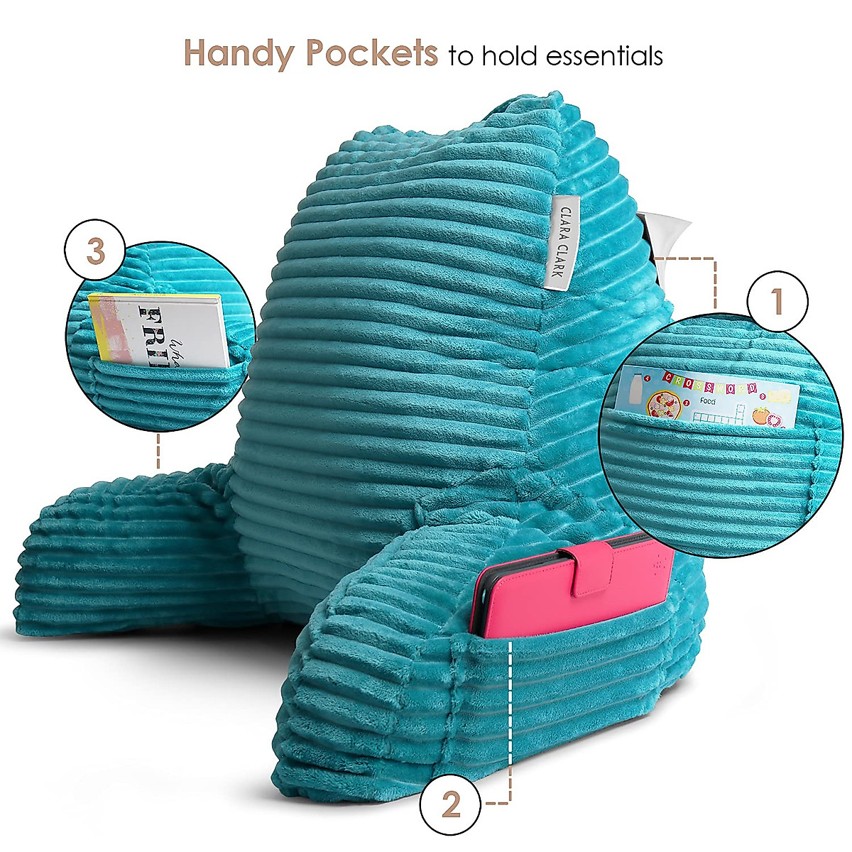 Clara Clark Reading Pillow for Kids – Back Pillow for Sitting in Bed, Plush Bed Pillows for Sitting Up in Bed, Teal Kids Reading Pillow, Shredded Foam Bed Chair Pillow with Arms and Pockets