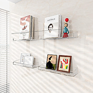 KSacry 4 Pack Acrylic Shelves for Wall Storage, 15" Floating Bookshelves for Kids, Display Shelf Organizer for Bathroom, Bedroom, Living Room, Kitchen, Room Decor, Clear